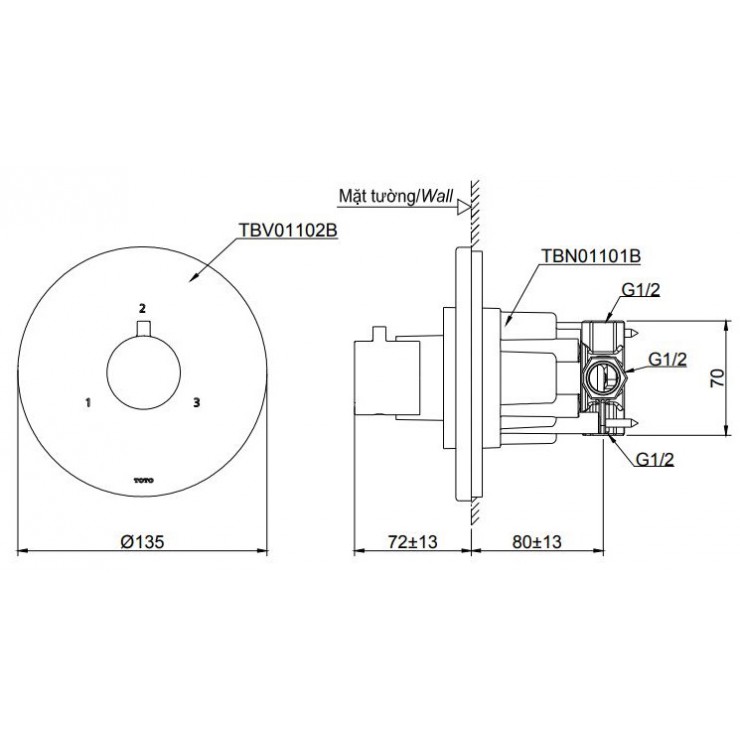 Bộ sen tắm âm tường TOTO Z series 3 đường nước TBW07004A